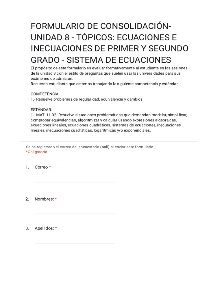 Formulario de Consolidación - Unidad 8 - Tópicos - Ecuaciones e Inecuaciones de Primer y Segundo ...