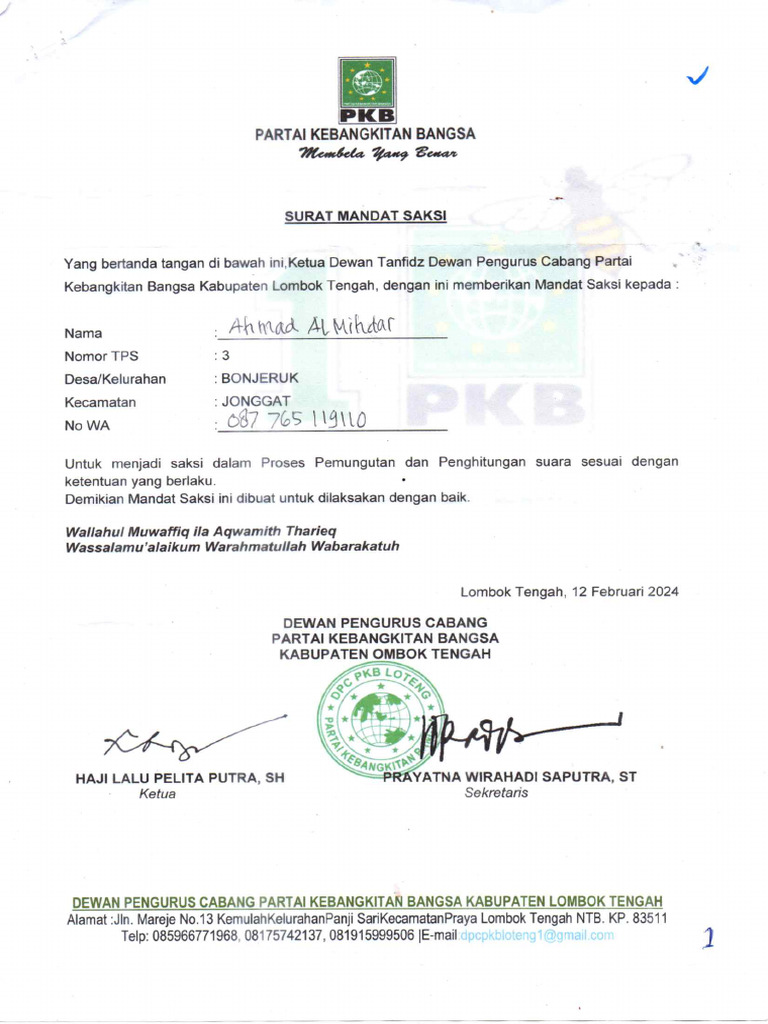 Surat Mandat Saksi Partai | PDF