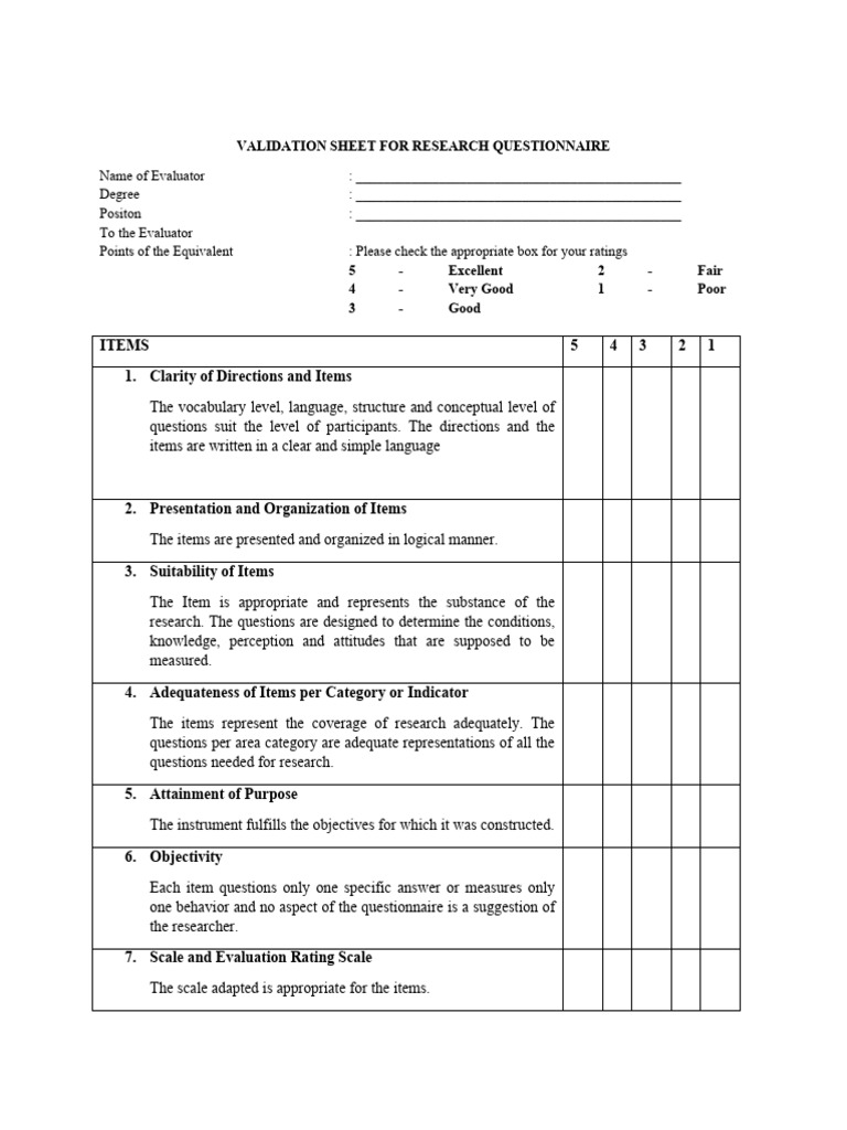 Validation Sheet For Research Questionnaire Pdf