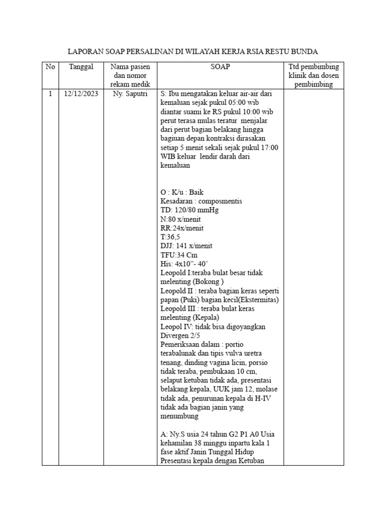 Laporan Soap Persalinan Di Wilayah Kerja Rsia Restu Bunda Nitip Lagi | PDF