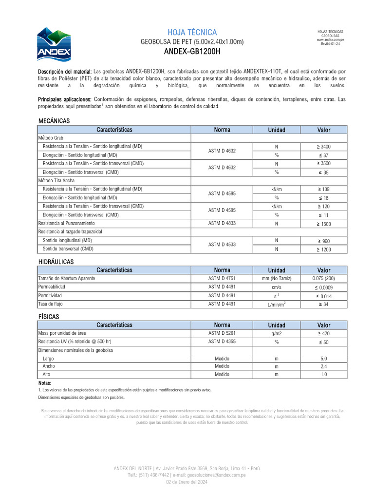 HT GEOBOLSA PET ANDEX-GB1200H - Mín - Rev04 | PDF
