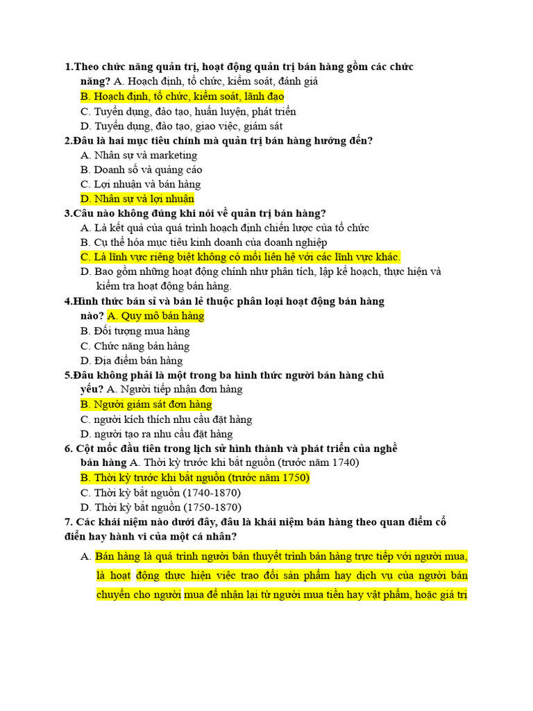 QTBH Câu Hỏi Trắc Nghiệm | PDF