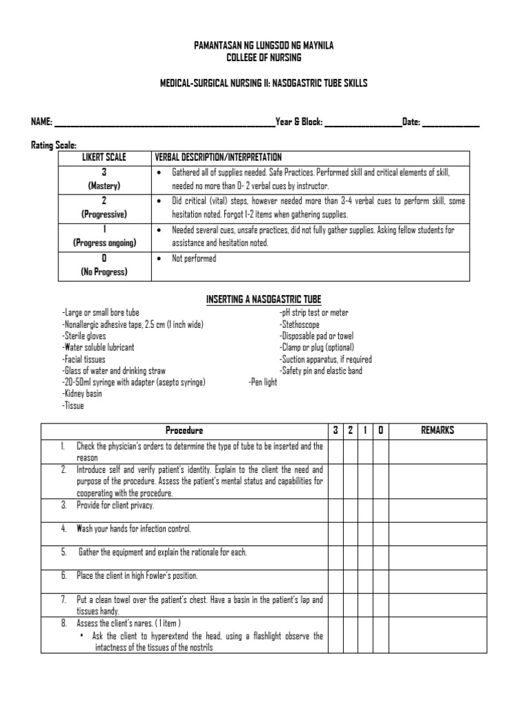 Nasogastric Tube Checklist - PLM CN | PDF | Medical Specialties ...