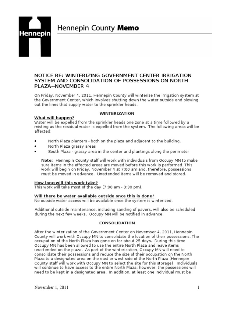 Winterization Notice to Occupy | Snow | Irrigation