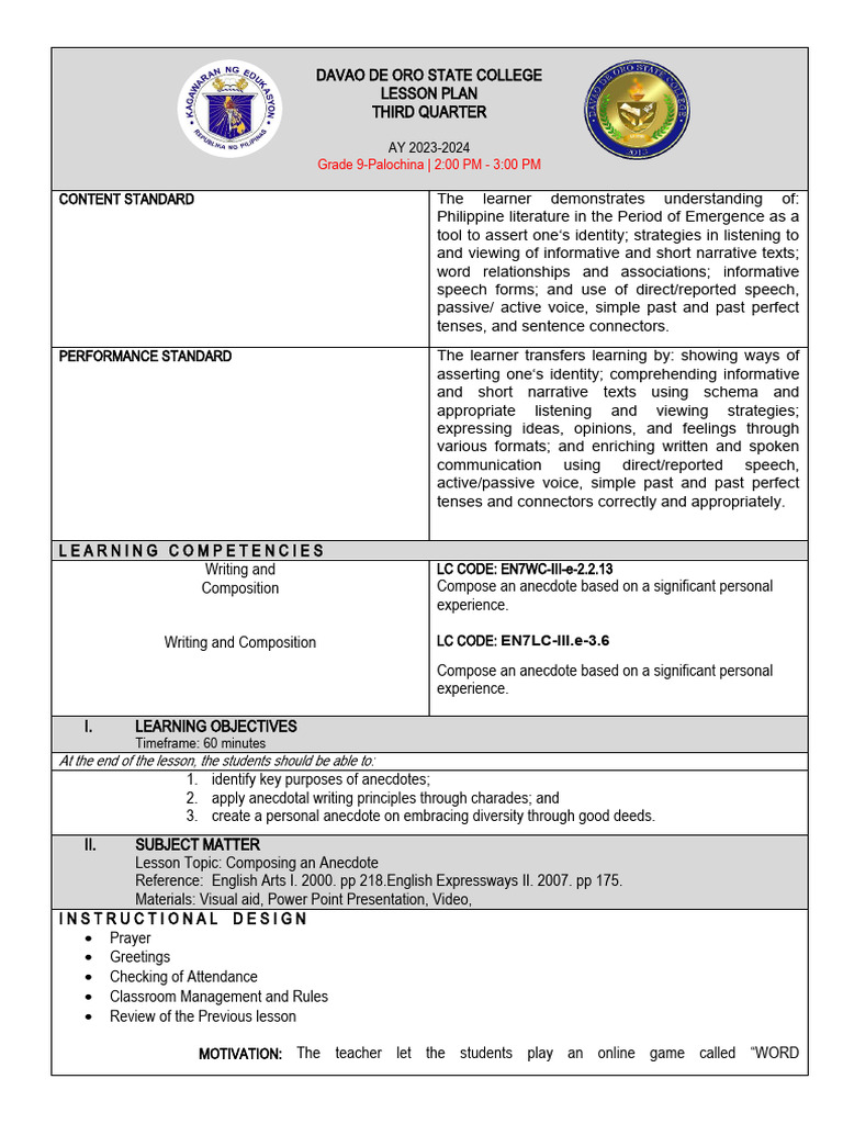 Sample 4as Lesson Plan English1 | PDF | Experience | Persuasion