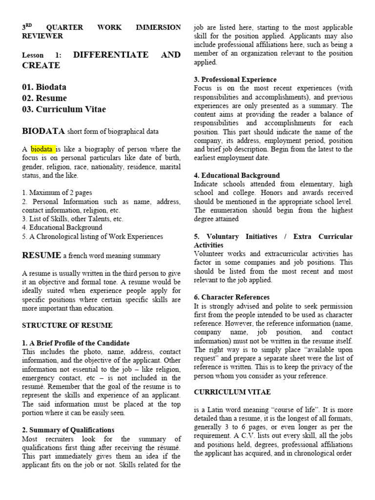 Work Immersion Reviewer For The 3RD Quarter | PDF | Résumé | Engineering