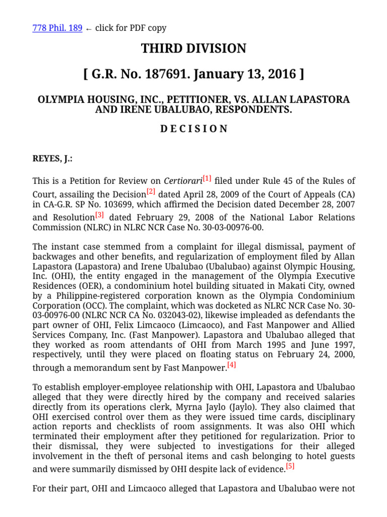 04 Olympia Housing v. Lapastora | PDF | Precedent | Employment