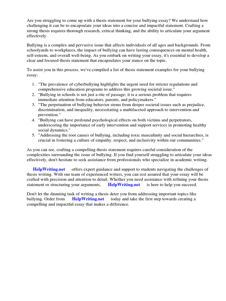 Bullying Essay Thesis Statement Examples | PDF | Essays | Bullying