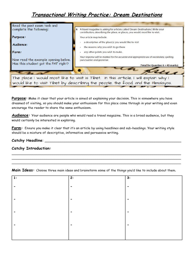 Transactional Writing Practice - Dream Destinations | PDF