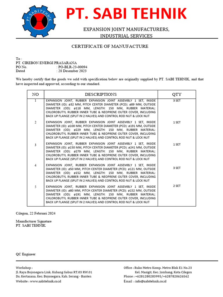 023 Certificate of Manufacture - Cirebon Power Ejr | PDF | Materials | Building Engineering