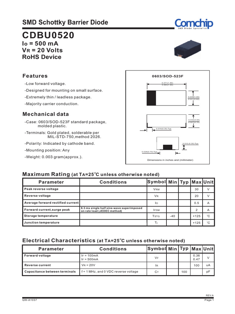 CDBU0520 Shottky Diode | PDF | Diode | Electrical Resistance And Conductance