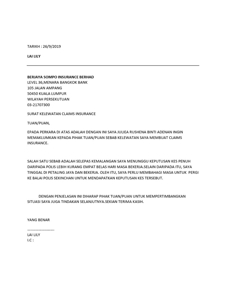 Surat Kelewatan Klaim Insurans | PDF