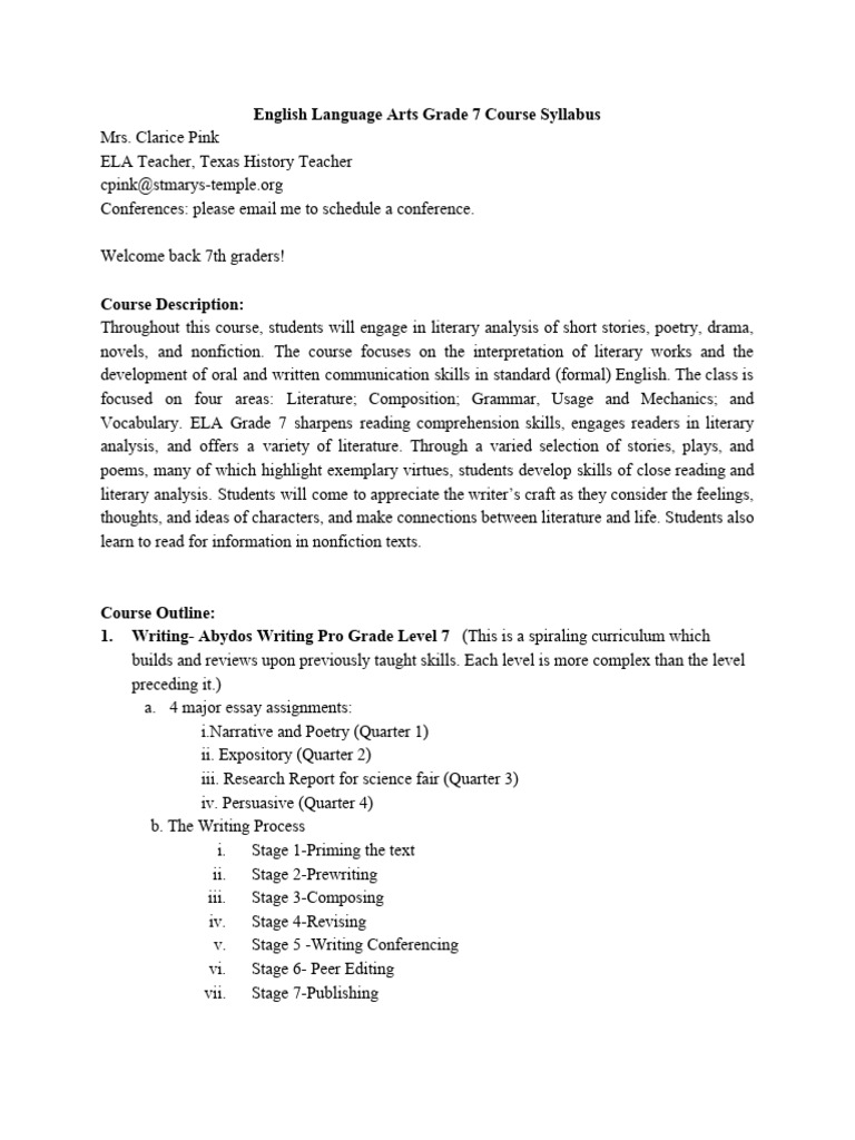 English Language Arts Grade 7 Course Syllabus | PDF | Verb | English ...
