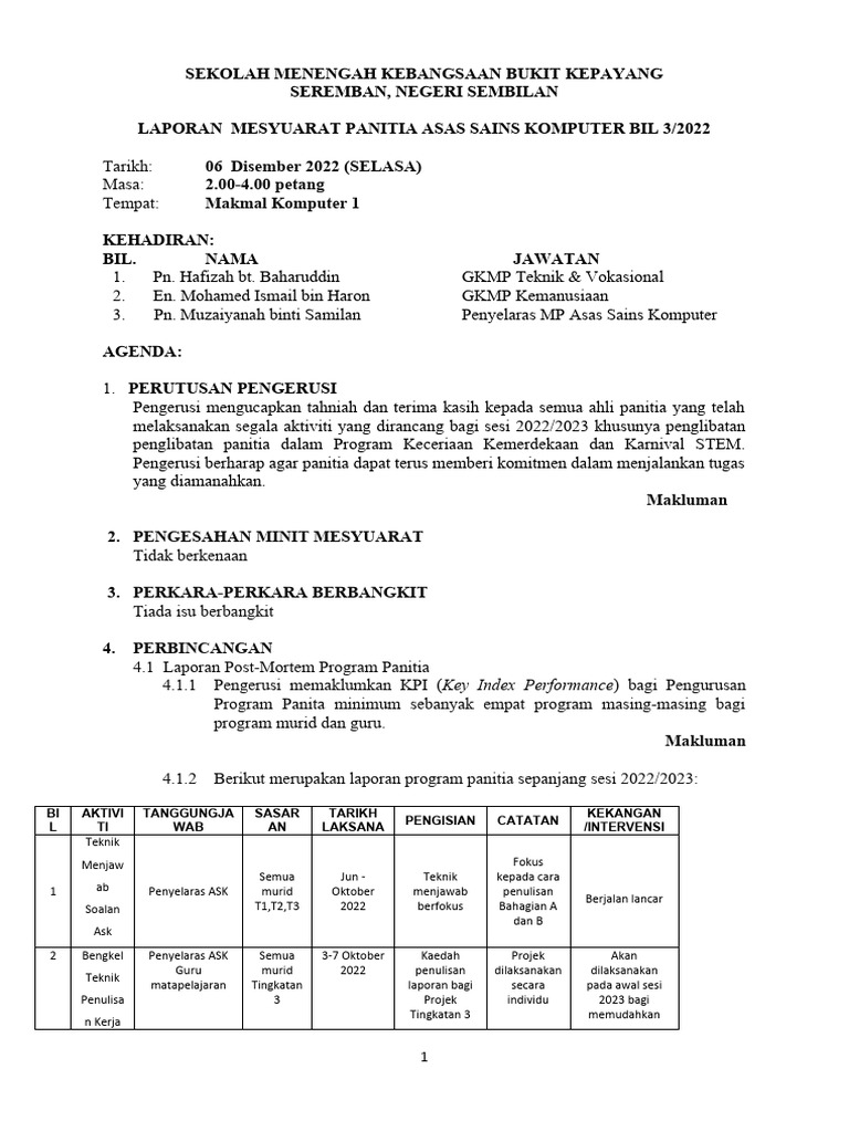 Minit Mesyuarat Panitia 3 2022 | PDF