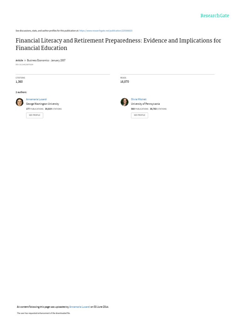 Financial Literacy and Retirement Preparedness Evi | PDF | Financial ...