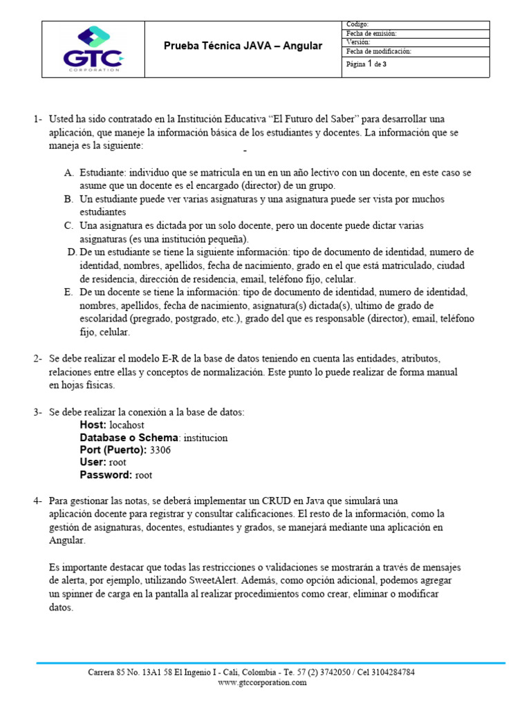 Prueba JAVA Angular | PDF | Bases de datos | Java (lenguaje de programación)