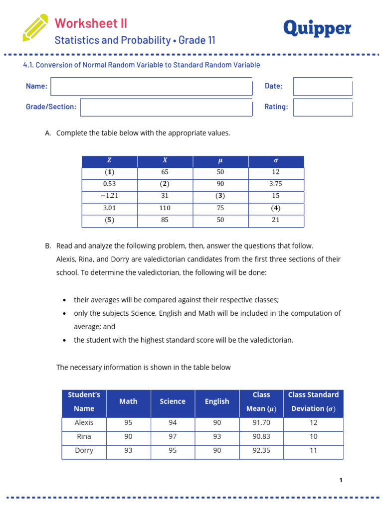 Worksheet II: Statistics and Probability - Grade 11 | PDF | Normal ...
