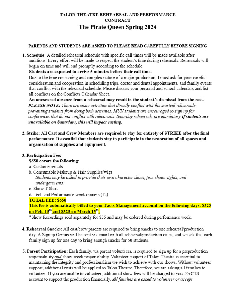 The Pirate Queen CAST Contract | PDF