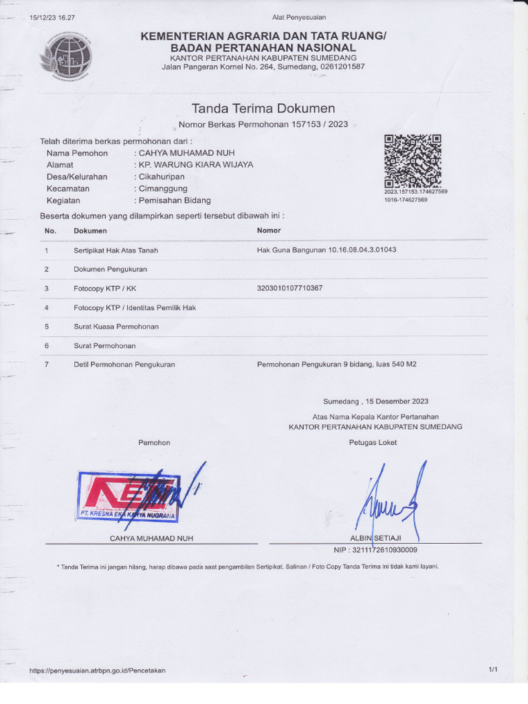 Tanda Terima Dokumen BPN | PDF