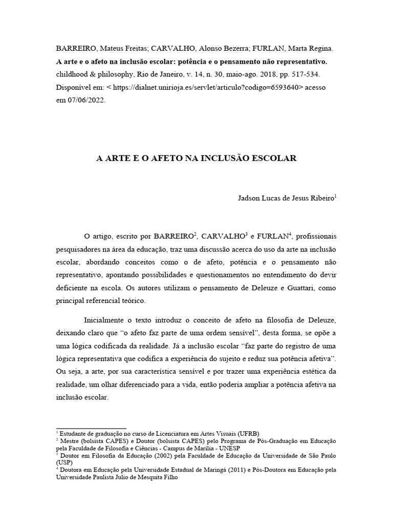 A Arte e o Afeto Na Inclusão Escolar | PDF | Pensamento | Gilles Deleuze