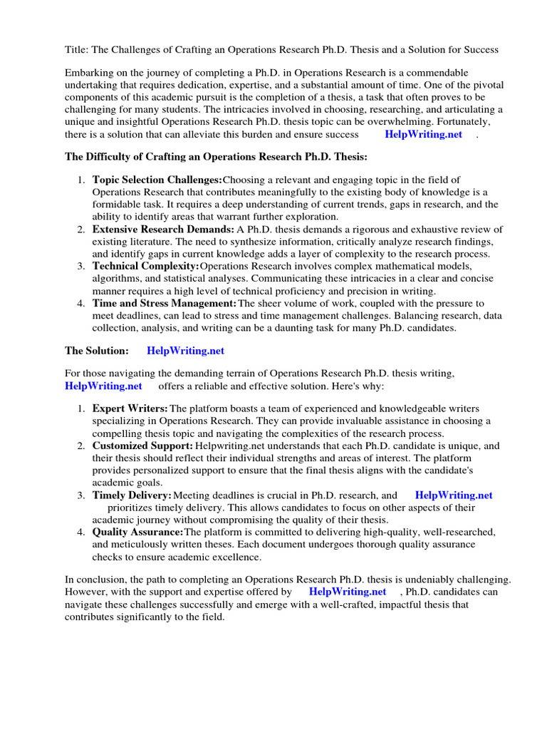 Operations Research PHD Thesis Topics | PDF | Thesis | Operations Research