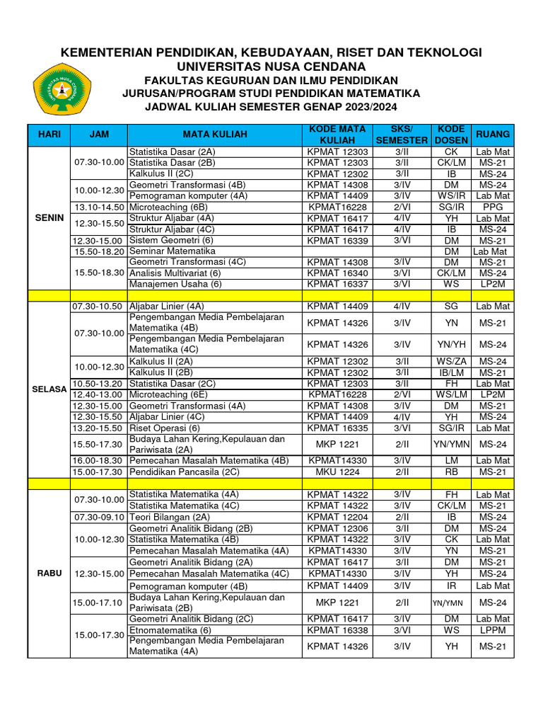 Jadwal Kuliah Semester Genap 2023 2024 Pend Matematika Revisi Terakhir