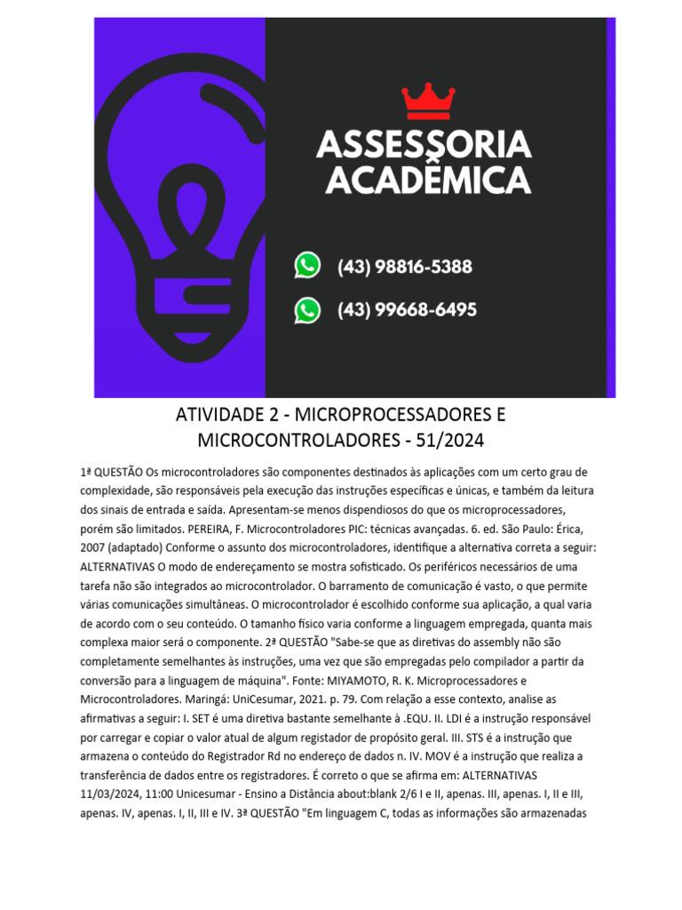 5388 Assessoria Atividade 2 - Microprocessadores e Microcontroladores - 51 2024 | PDF ...