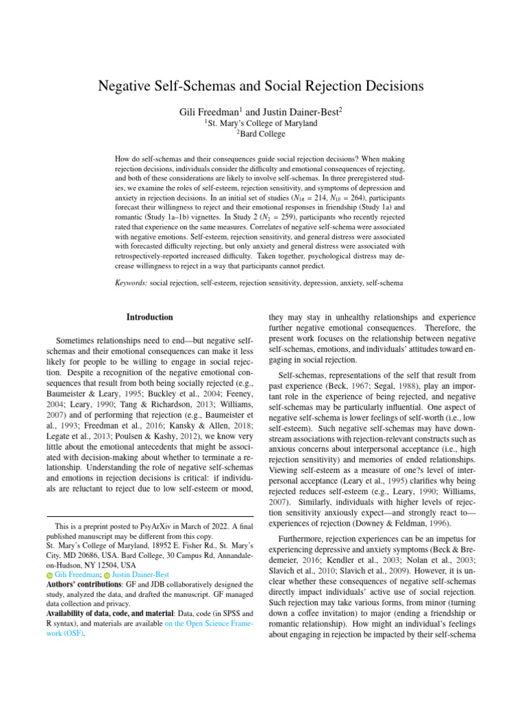 Self-Schemas Example | PDF | Self Esteem | Anxiety