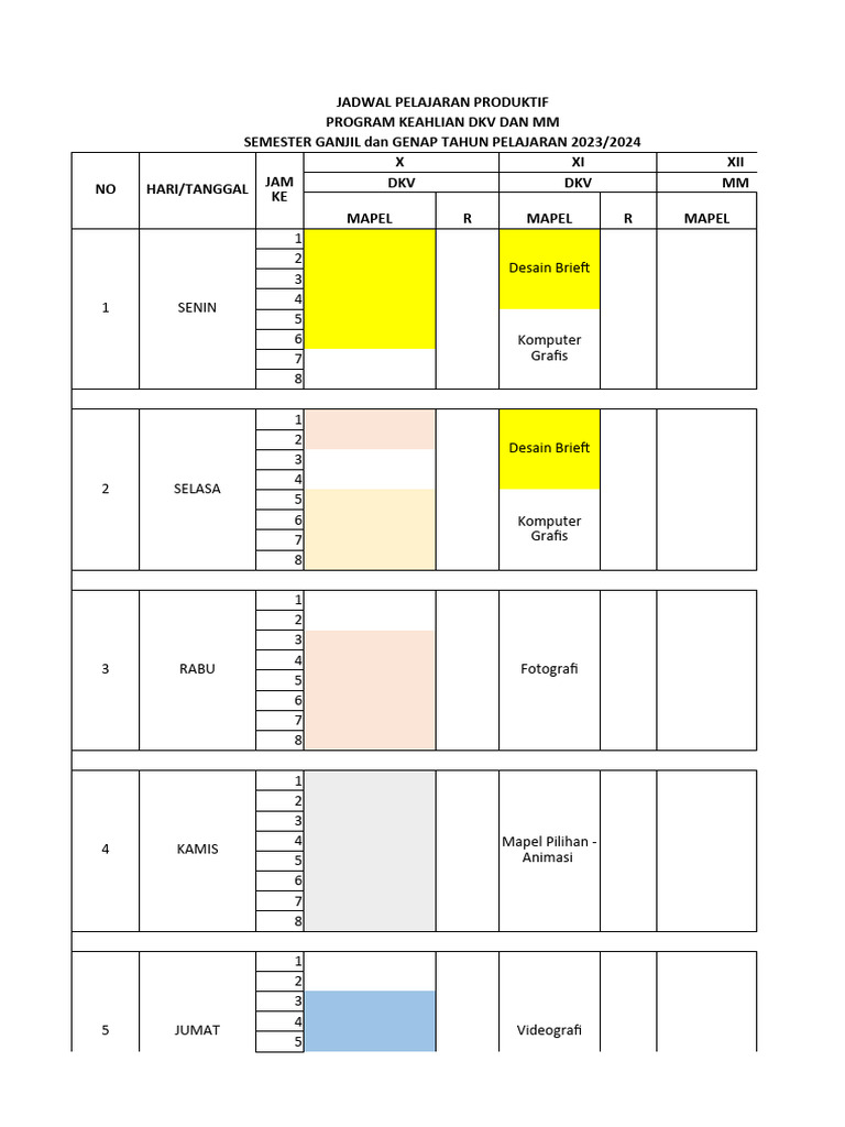 Jadwal Pelajaran DKV dan MM 2023/2024 | PDF