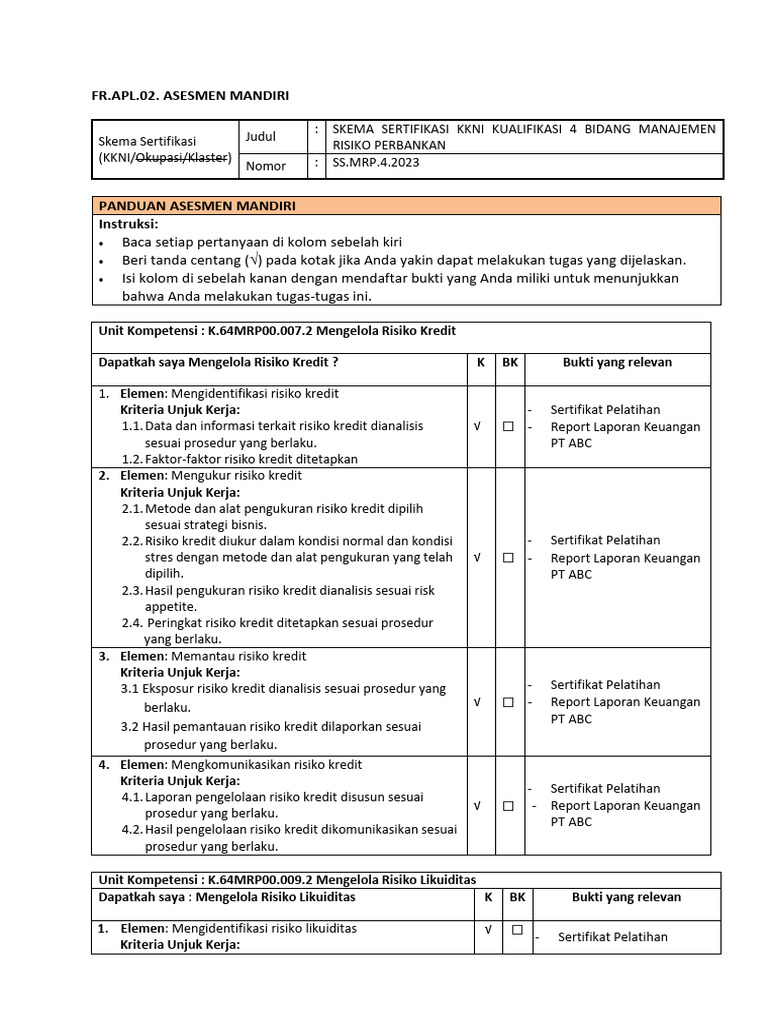 Contoh Pengisian Fr Apl 02 Asesmen Mandiri Pdf