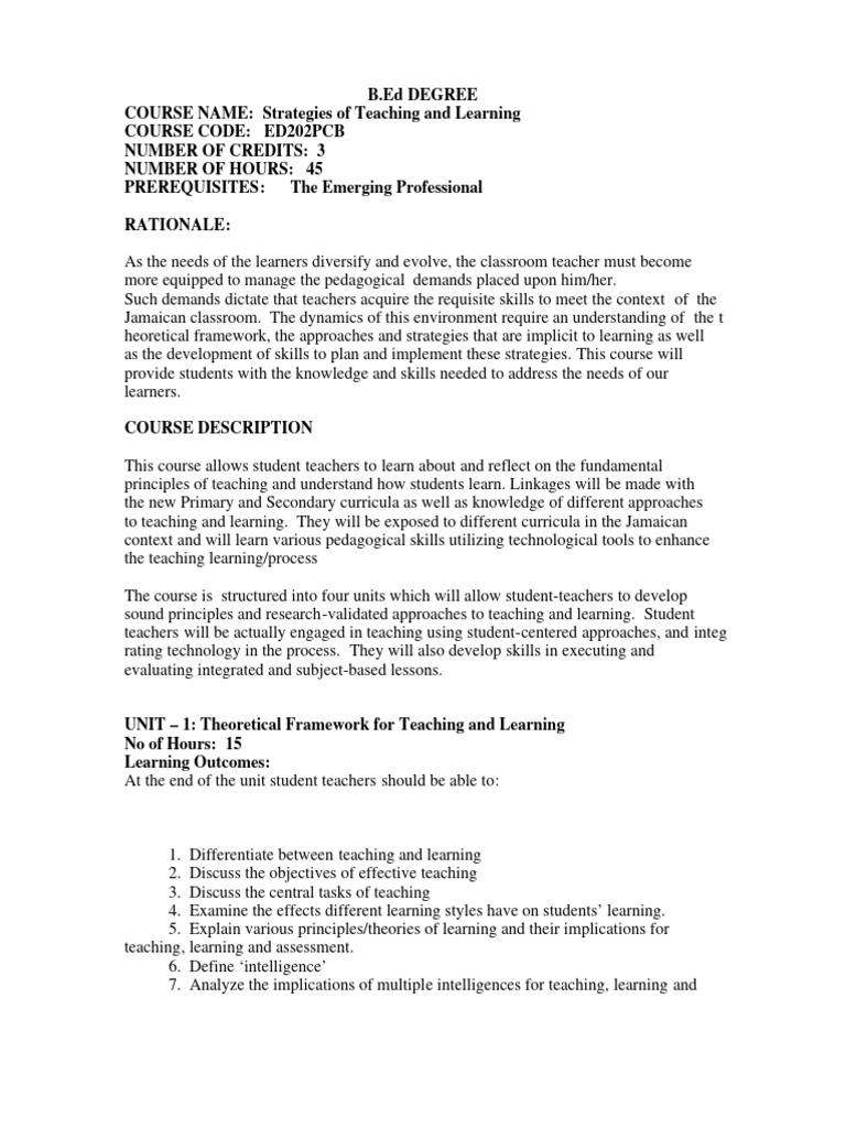 Course Outline - Strategies of Teaching and Learning - Ce728 | PDF ...