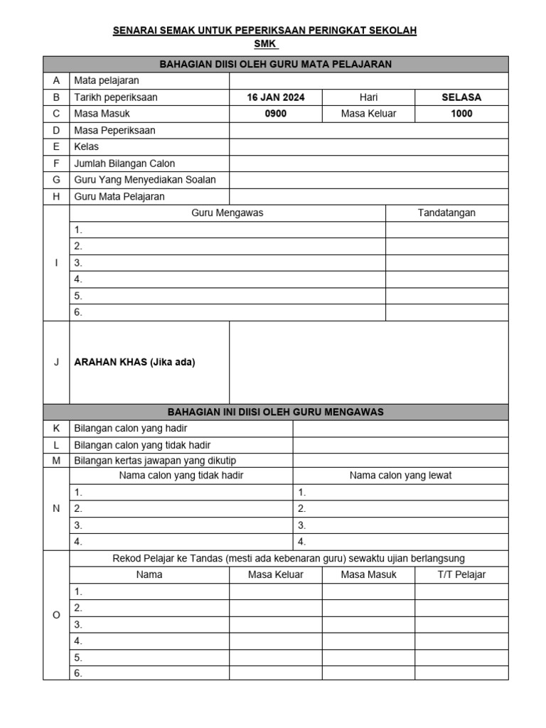 Borang Senarai Peperiksaan | PDF