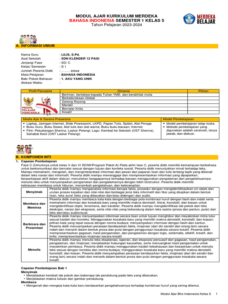 Modul Indo SMTR 1 Kelas 5 (2023) | PDF | Seni & Disiplin Bahasa