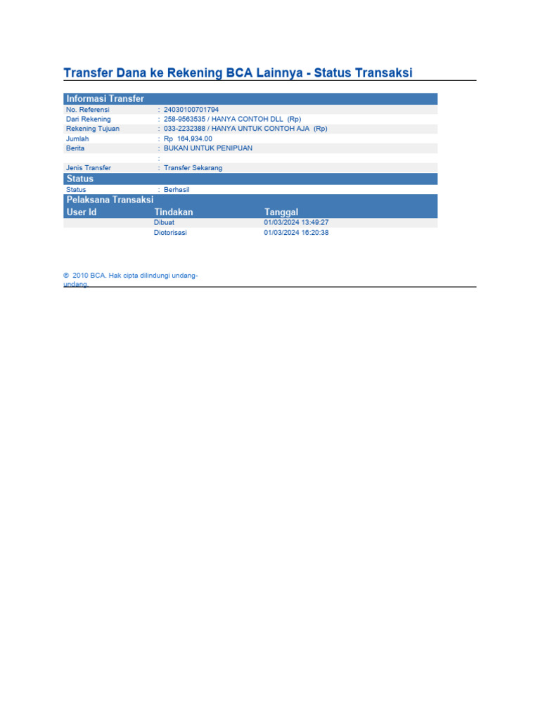Bukti Transfer Berhasil ke BCA | PDF