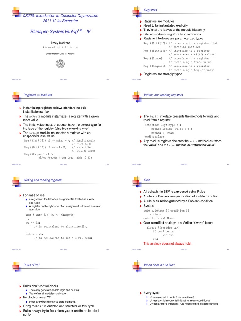 Bluespec Systemverilog Iv Cs220 Introduction To Computer Organization 2011 12 Ist Semester