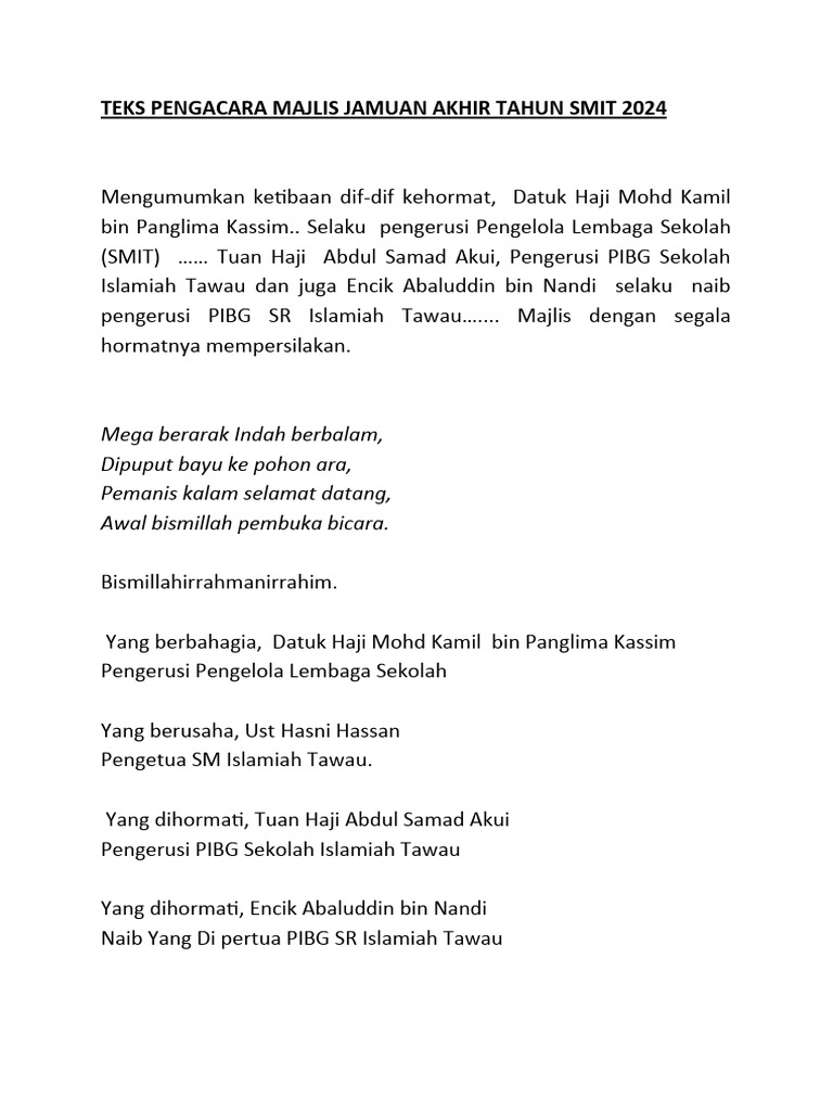 Teks Pengacara Majlis Jamuan Akhir Tahun Asrama 2018 | PDF