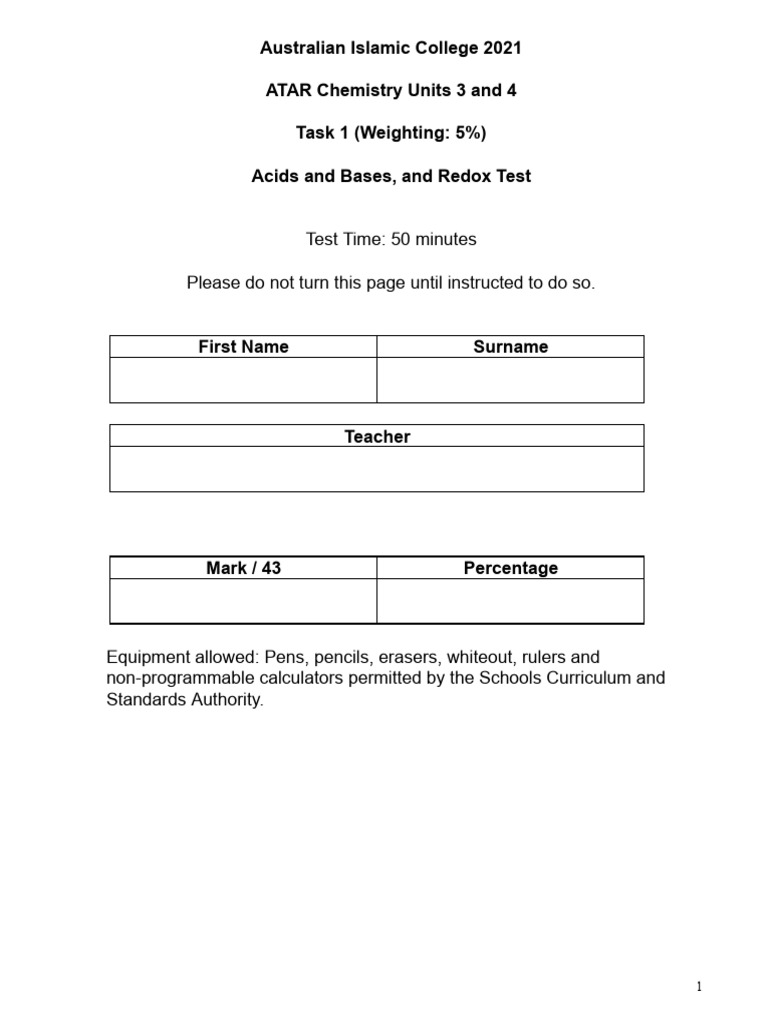 Year 12 Chem 2021 Task 5 Acids Bases Redox Test | PDF | Acid | Redox