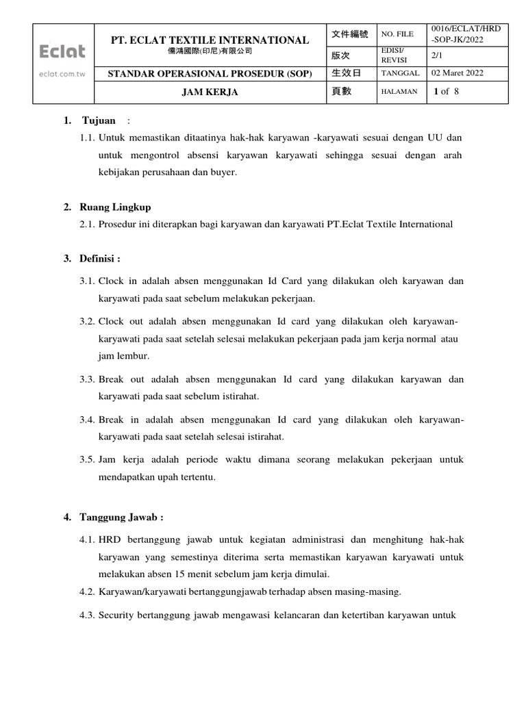 UK 2. Contoh SOP JAM KERJA | PDF