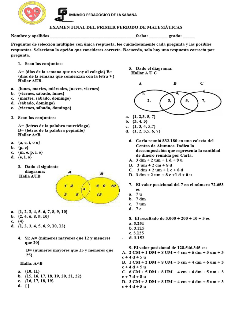 Examen Final Matematicas Grado 4° | PDF