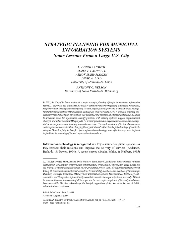 Smith Et Al 2001 Strategic Planning For Municipal Information Systems Some Lessons From A Large ...