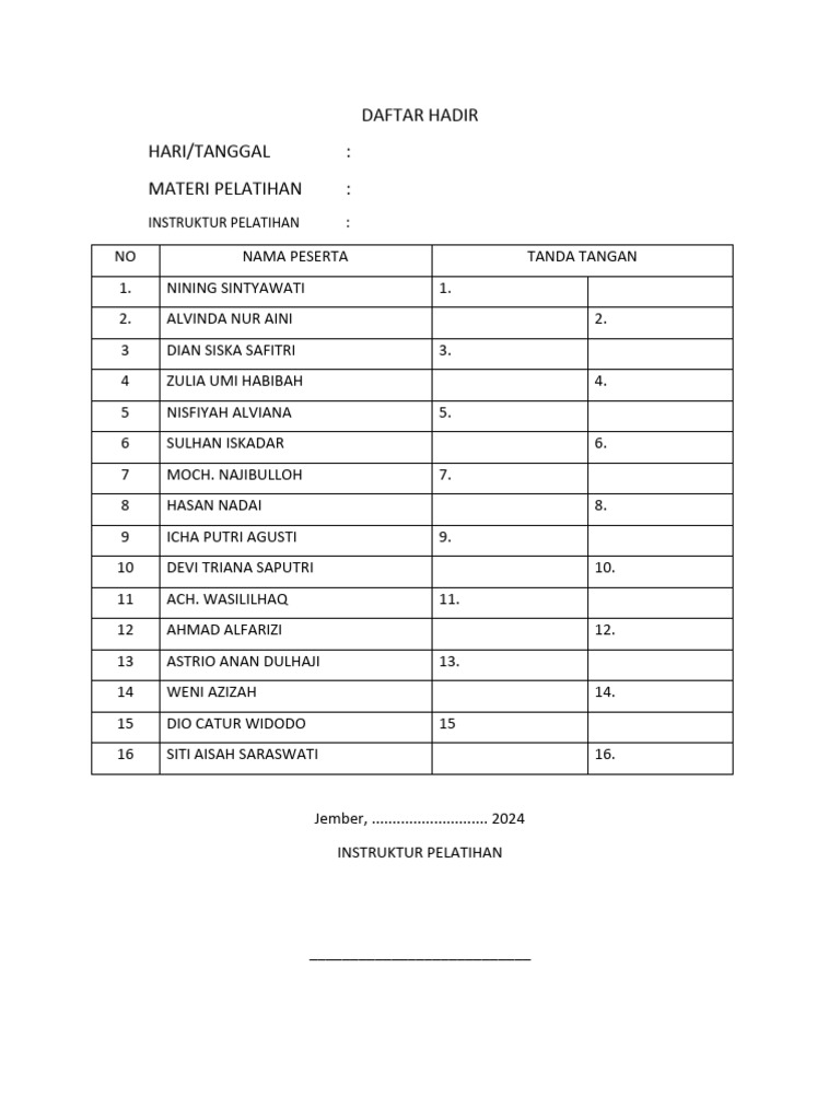 Daftar Hadir Pelatihan | PDF