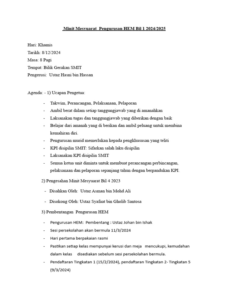 Minit Mesyuarat Pengurusan HEM Bil 1 2024 | PDF