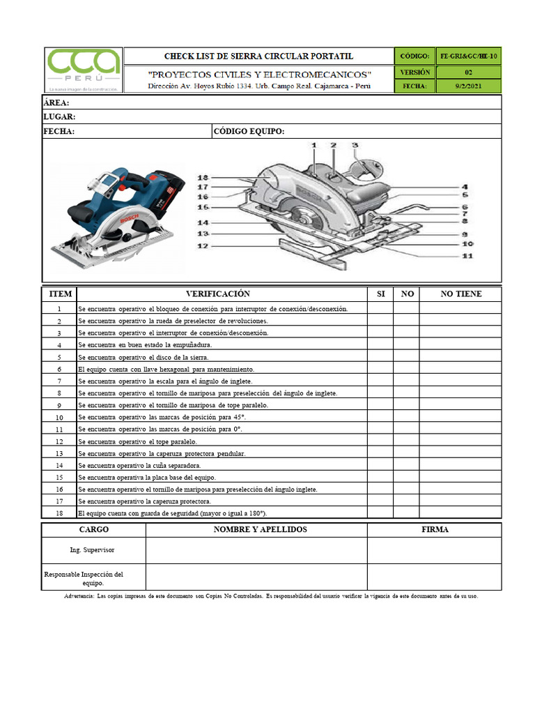 FE-GRI&GCHE-10 Check List de sierra circular portatil V2 (1) | PDF