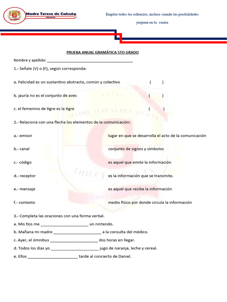 Prueba de Recuperación de Gramática 5to Grado - 2023 | Descargar gratis ...