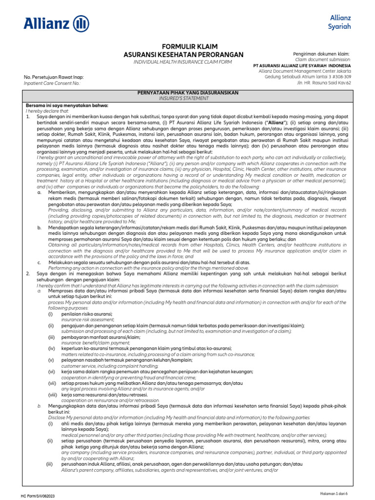Formulir Klaim Asuransi Kesehatan Individu Bilingu 240113 222818 Pdf
