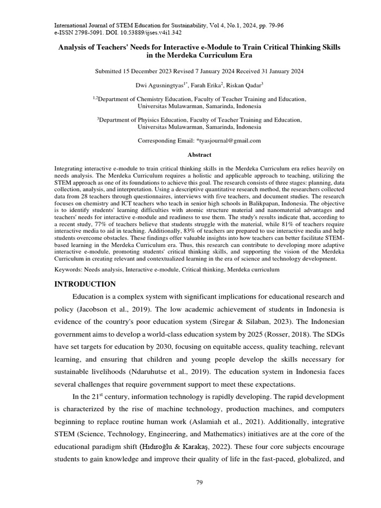 Analysis of Teachers' Needs for Interactive E-Module to Train Critical ...
