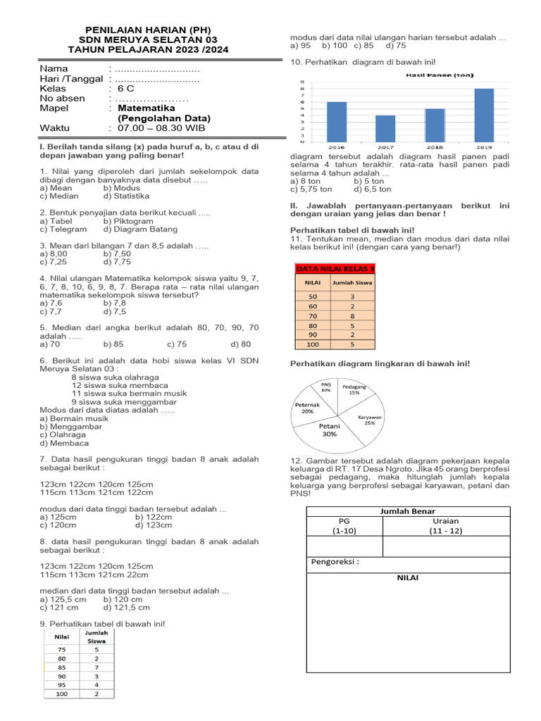 SOAL PH TEMA 6 KELAS 6 - MTK - Pengolahan Data | PDF