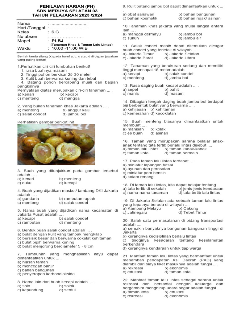SOAL PH PLBJ KELAS 6 _BuahKhas Betawi_Taman Lalu Lintas | PDF