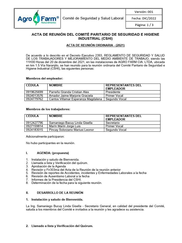 ACTA DE REUNIÓN COPASST DIC 2021 | PDF | Gobierno