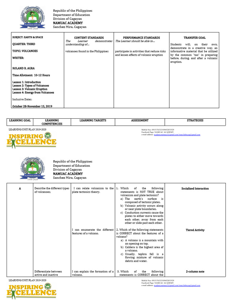 1 Unit Plan Science 9 Third GP | PDF | Volcano | Geology